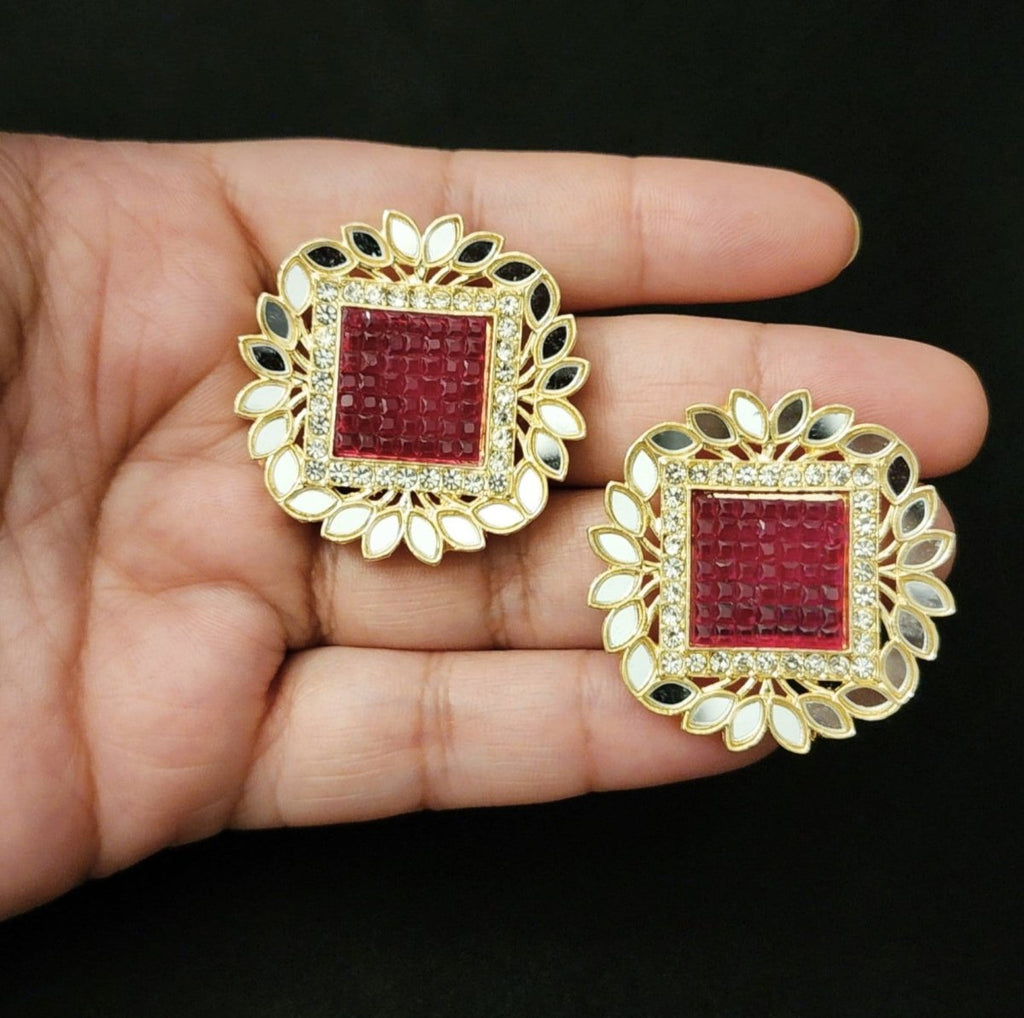 Evelyn Ruby Pink Mirror Stud Earrings - ECLAT INDIAN JEWELS