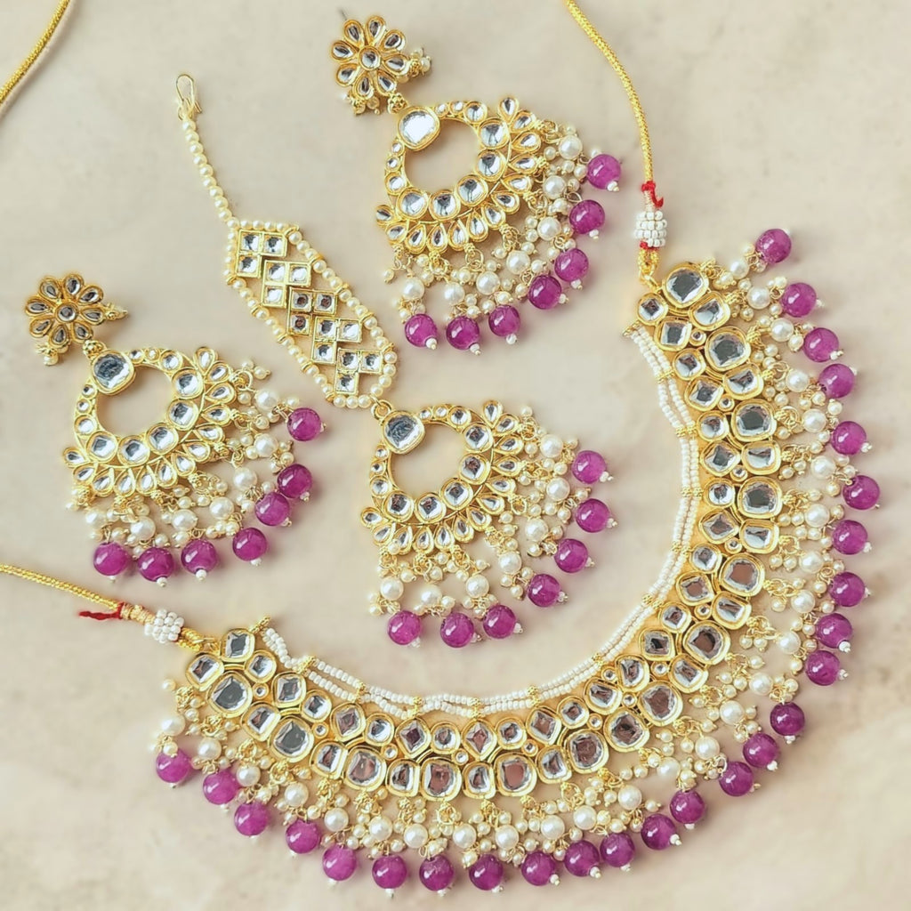 Abigail Purple Uncut Kundan Necklace Set with Tikka - ECLAT INDIAN JEWELS