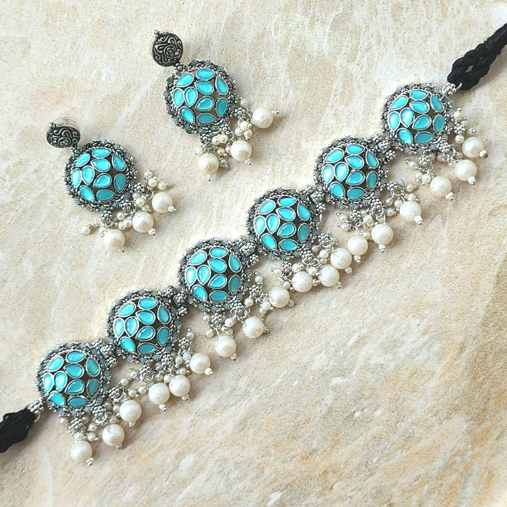 Andrea Light Blue German Silver Necklace Set - ECLAT INDIAN JEWELS