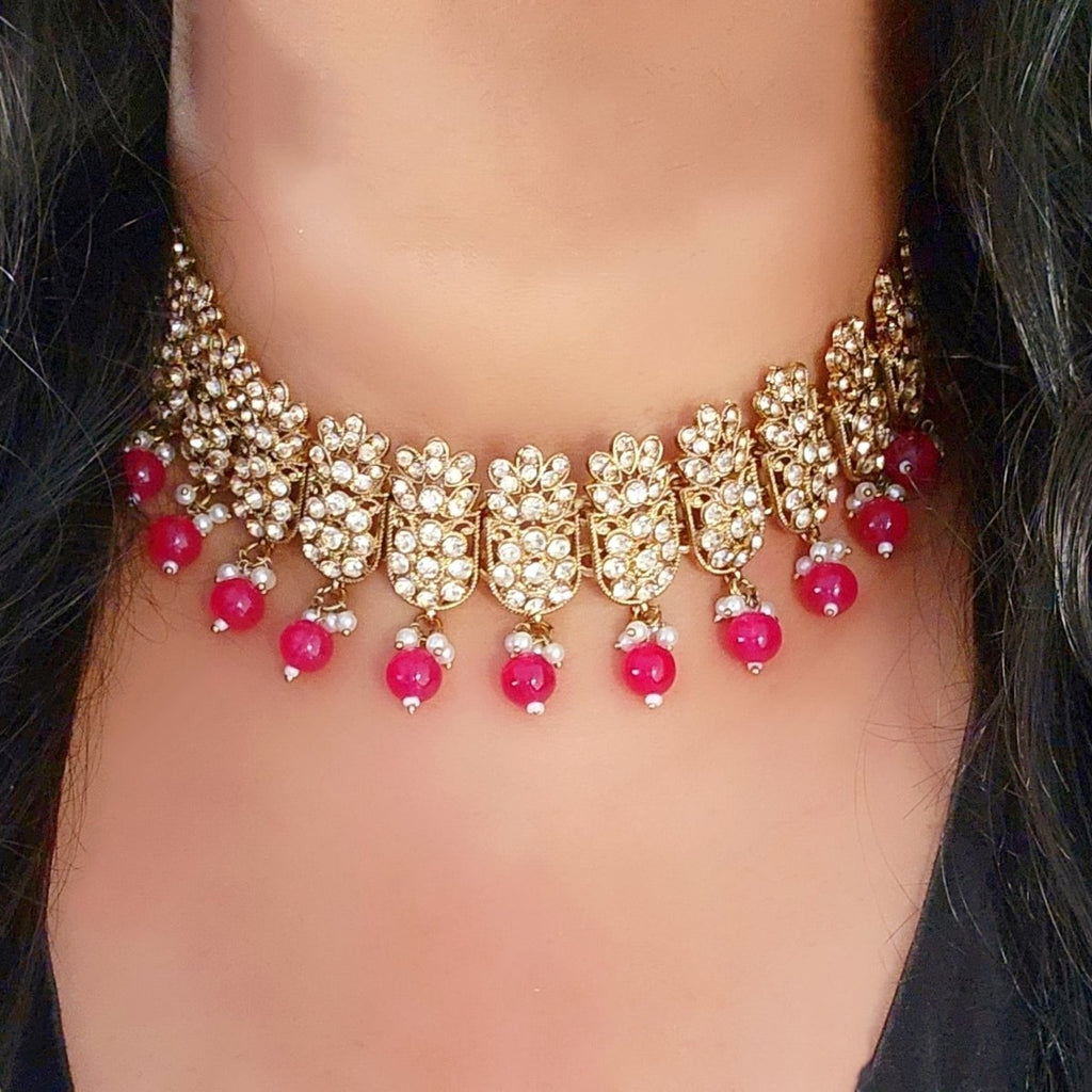 Alia Pink Choker Necklace Set with Tikka & Passa - ECLAT INDIAN JEWELS